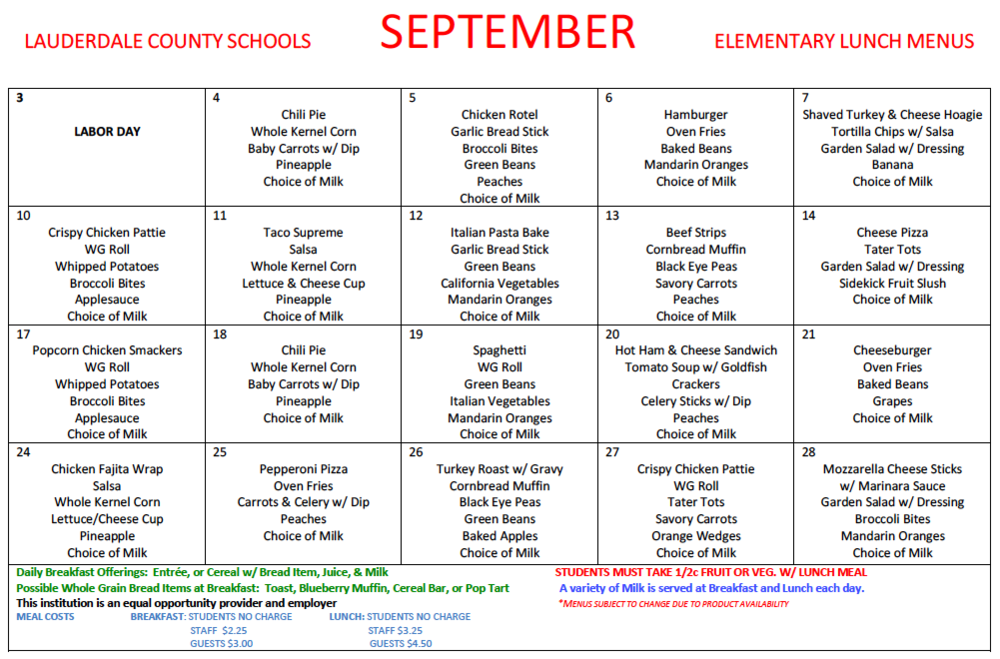 September Lunch Menu Halls Elementary School September Lunch Menu Halls Elementary School
